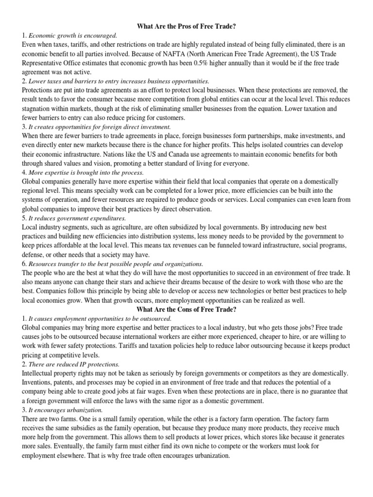 Pros and Cons of Free Trade | PDF | Free Trade | Protectionism
