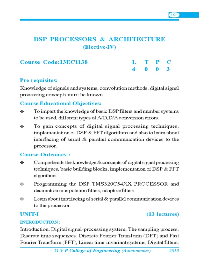 DSP Processors & Architecture: Course Code:13EC1138 L TPC 4 0 0 3 | PDF | Digital Signal ...