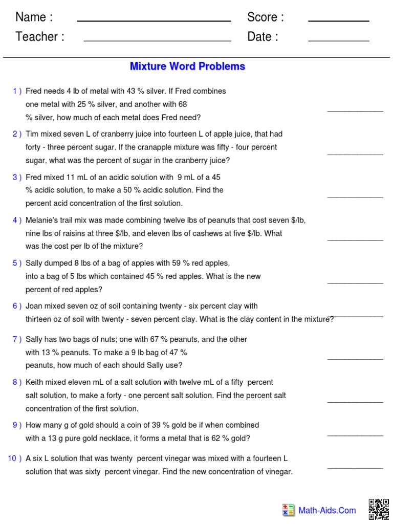 Name Teacher Date Score Mixture Word Problems PDF Gold Clay