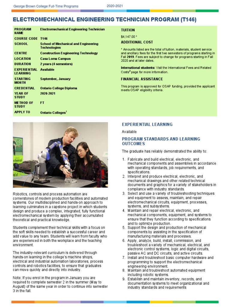 Electromechanical Engineering Technician Program (T146) : Tuition | PDF ...