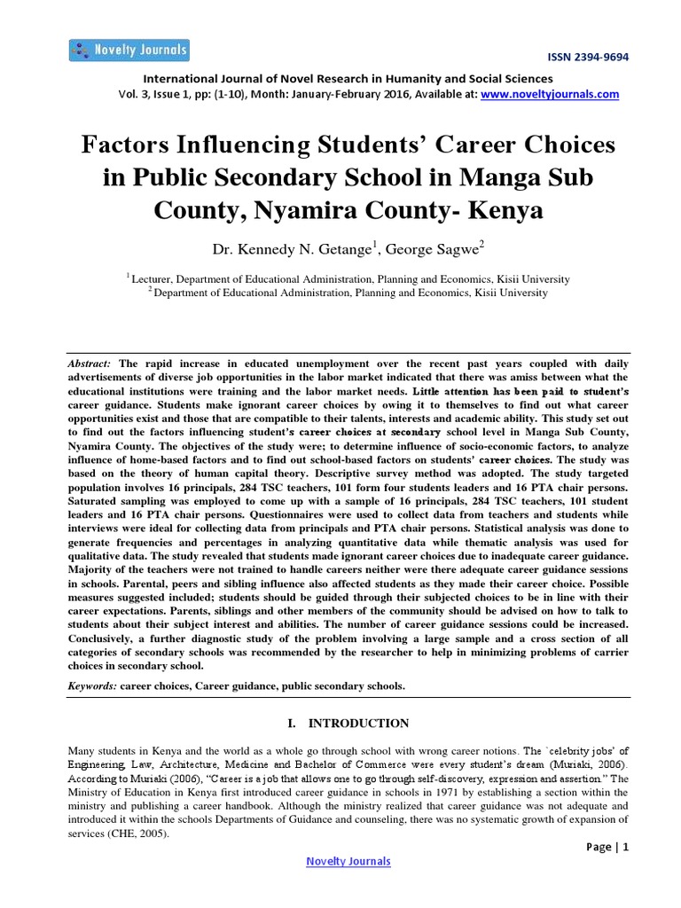 Factors Influencing Students' Career Choices in Public Secondary School ...