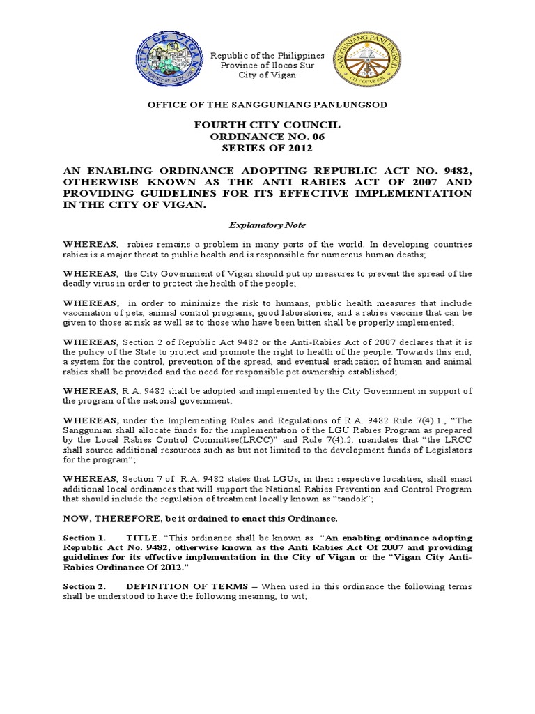 Ordinance No. 06 Series of 2012-Anti-Rabies Ordinance PDF | PDF ...