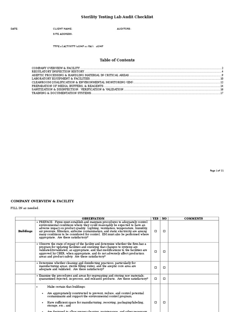 Sterility Testing Lab Audit Checklist: Date: Client Name: Auditors ...