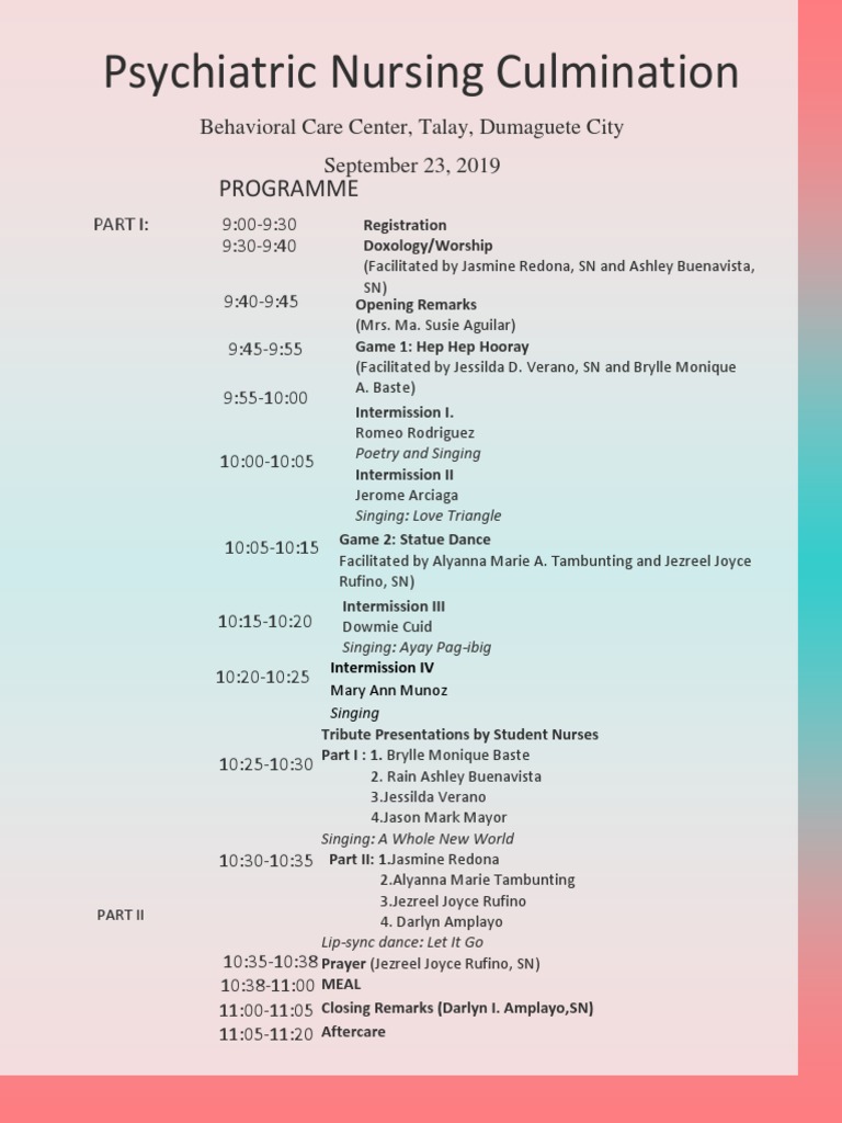 Psychiatric Nursing Culmination: Programme | PDF
