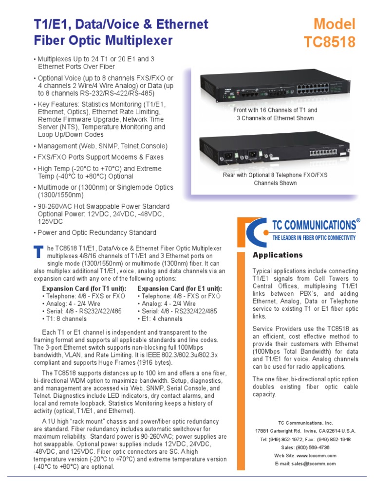 T1E1 Data Voice Ethernet Fiber Multiplexer Datasheet PDF | PDF ...