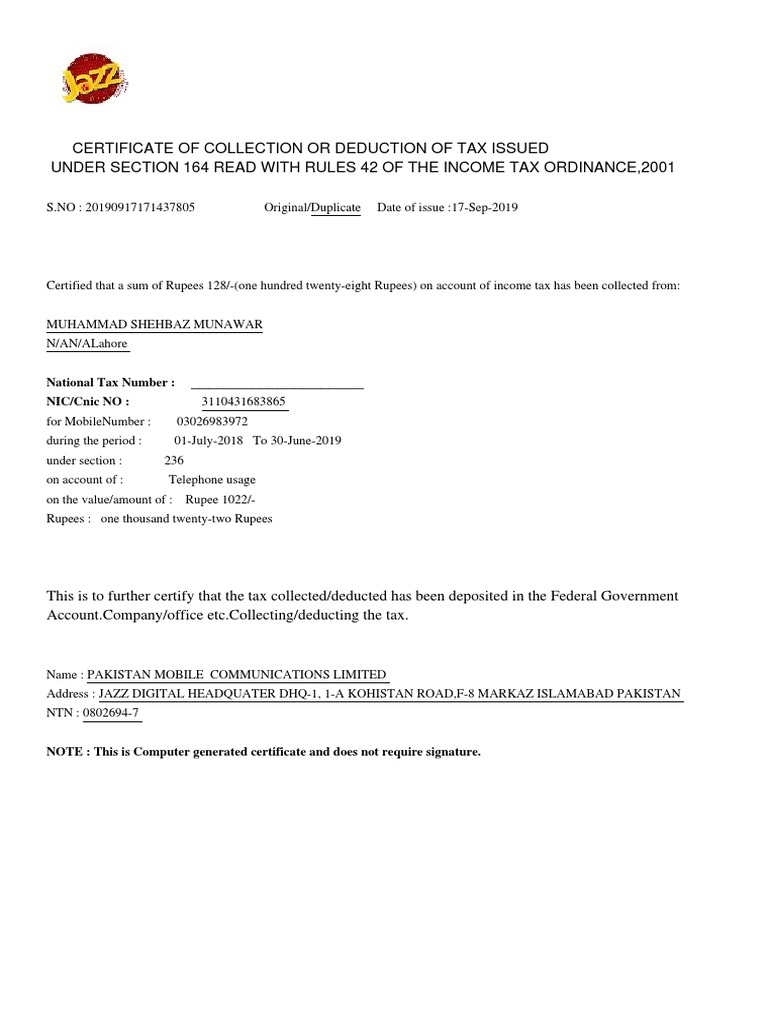 Certificate of Collection or Deduction of Tax Issued Under Section 164 ...