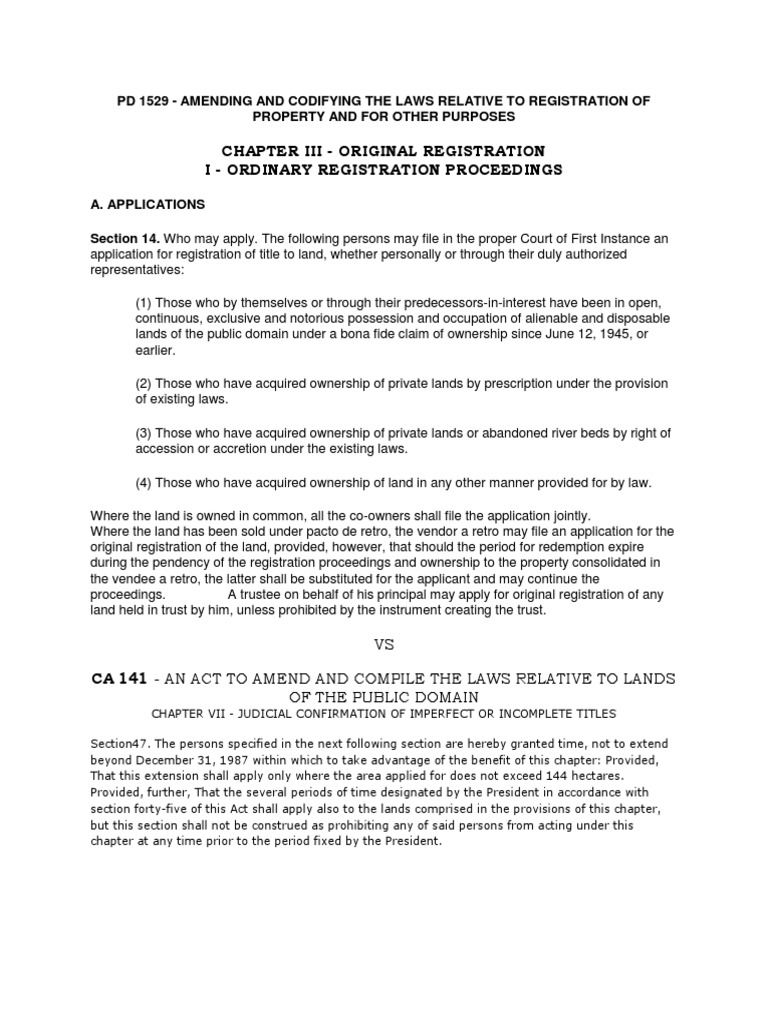 PD 15291 Vs CA141 - Distinguising Sections | PDF | Ownership | Adverse ...
