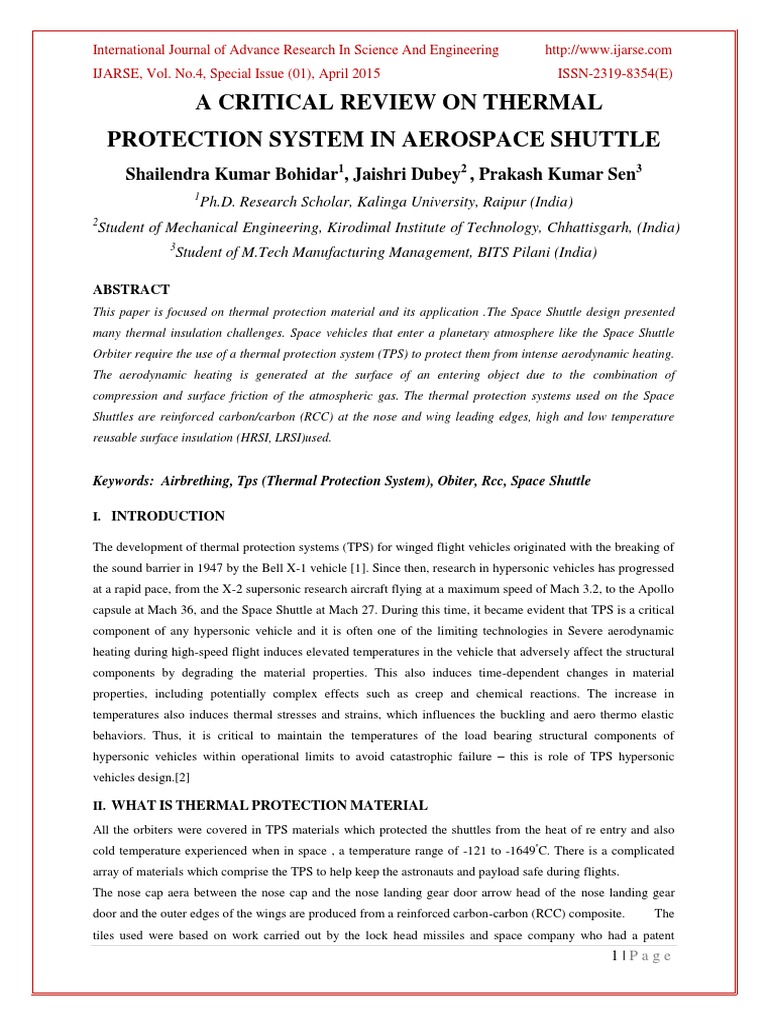 A Critical Review On Thermal Protection System in Aerospace Shuttle ...