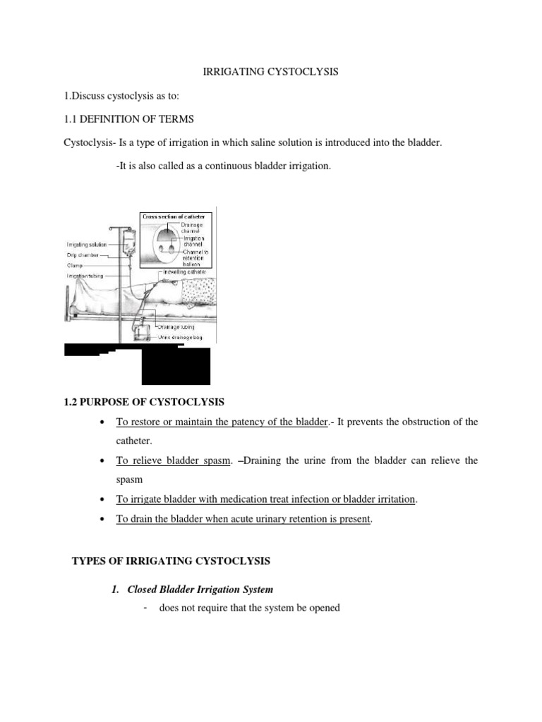 1.2 Purpose of Cystoclysis: 1. Closed Bladder Irrigation System | PDF ...