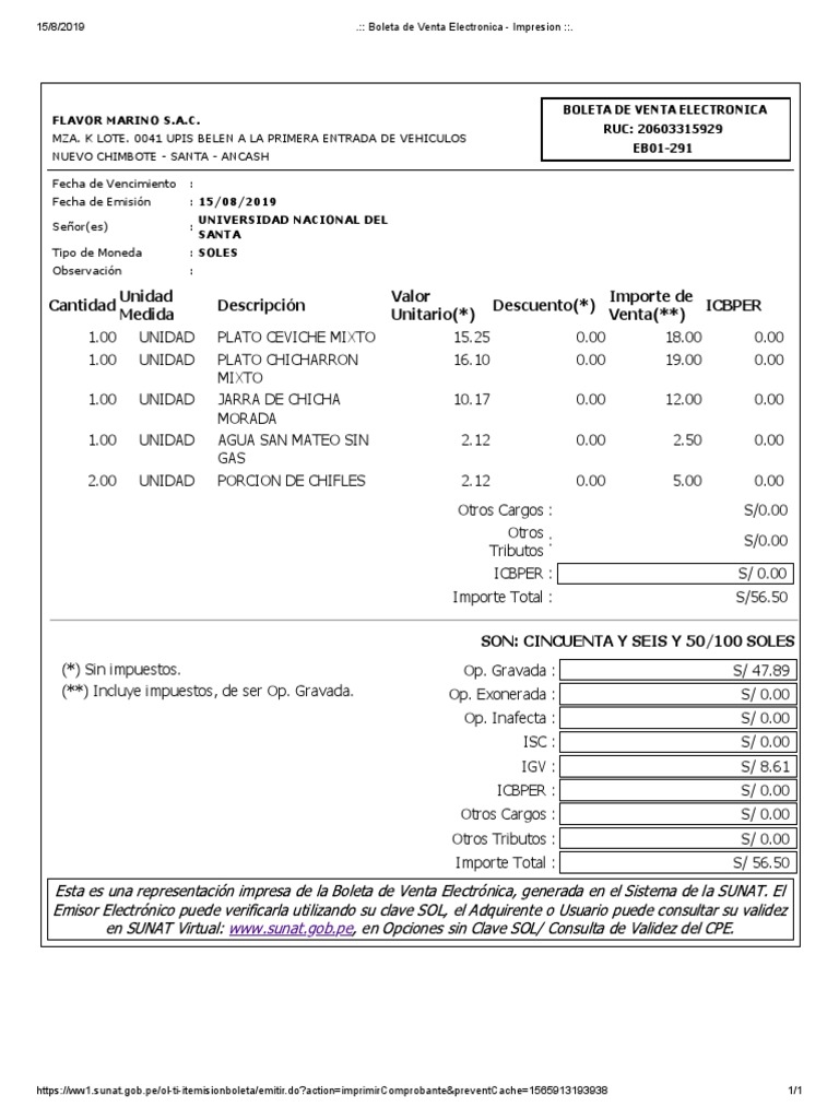 www.sunat.gob.pe: Boleta De Venta Electronica RUC: 20603315929 EB01-291