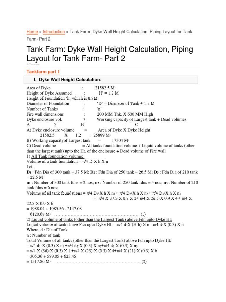 Tank Farm: Dyke Wall Height Calculation, Piping Layout For Tank Farm ...