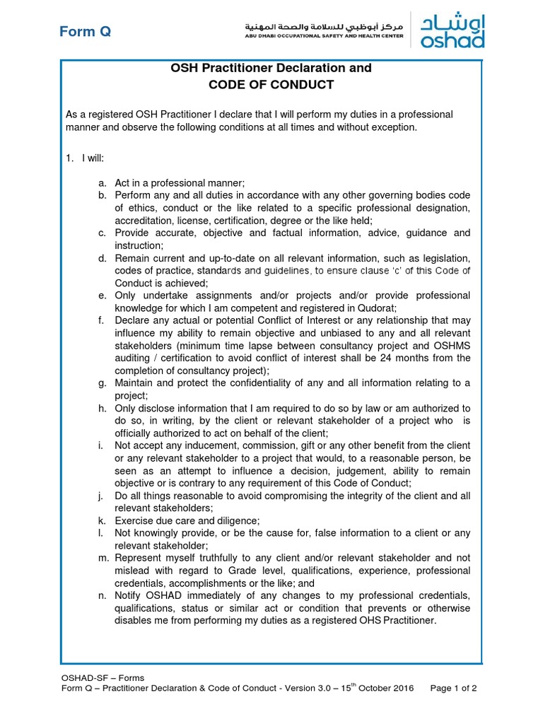 Code of Conduct and Declaration for Occupational Safety and Health ...