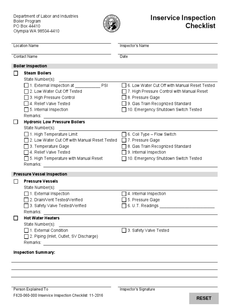 Inservice Inspection Checklist: Boiler Inspection Steam Boilers | PDF ...