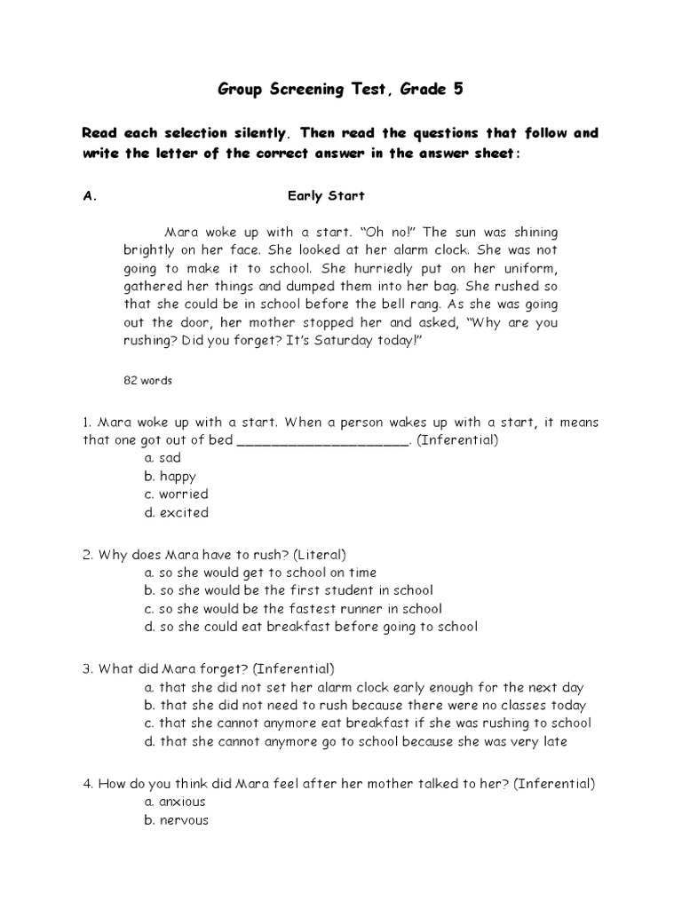 Group Screening Test.. GRADE 5 | PDF