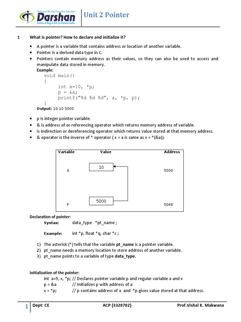 Unit 2 Pointer: Void Main (Int A 10, P P &a Printf ("%D %D %D", A, P, P) ) | PDF | Pointer ...