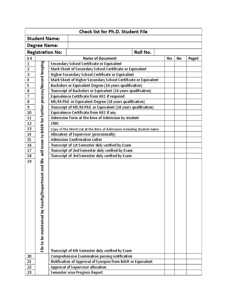PHD Student File Checklist | PDF | Thesis | Academic Degree