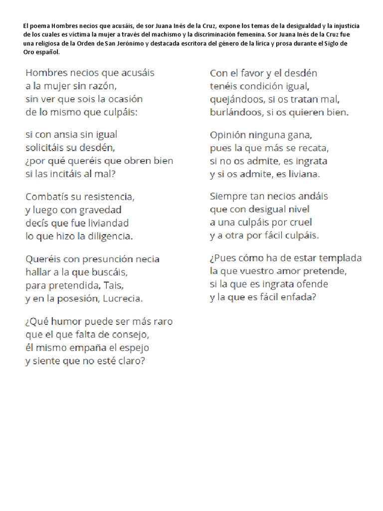 El Poema Hombres Necios Que Acusáis | PDF | Poesía | Clásicos