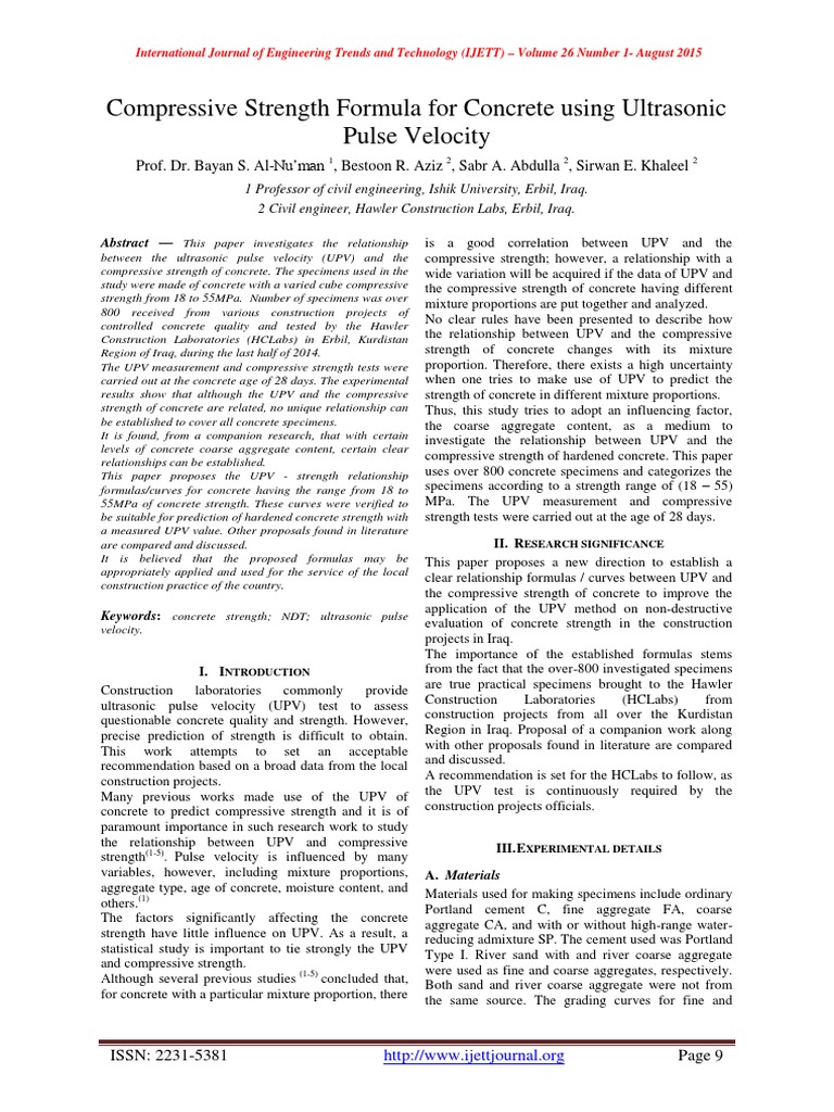 Compressive Strength Formula For Concrete Using Ultrasonic Pulse ...