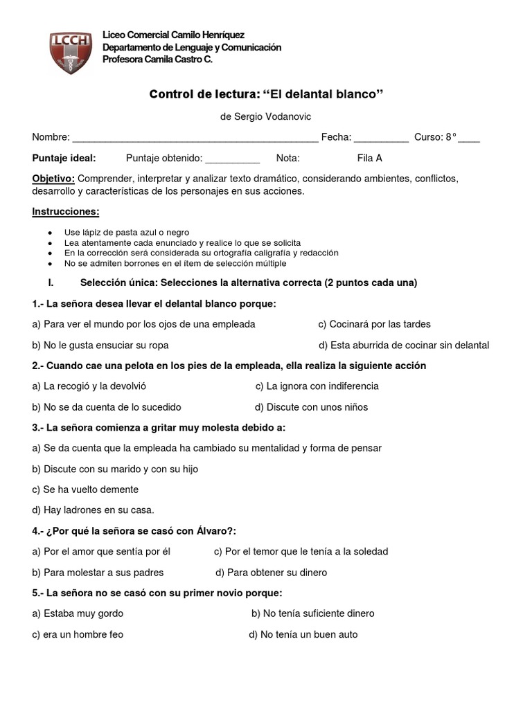 Control de Lectura: El delantal blanco | PDF