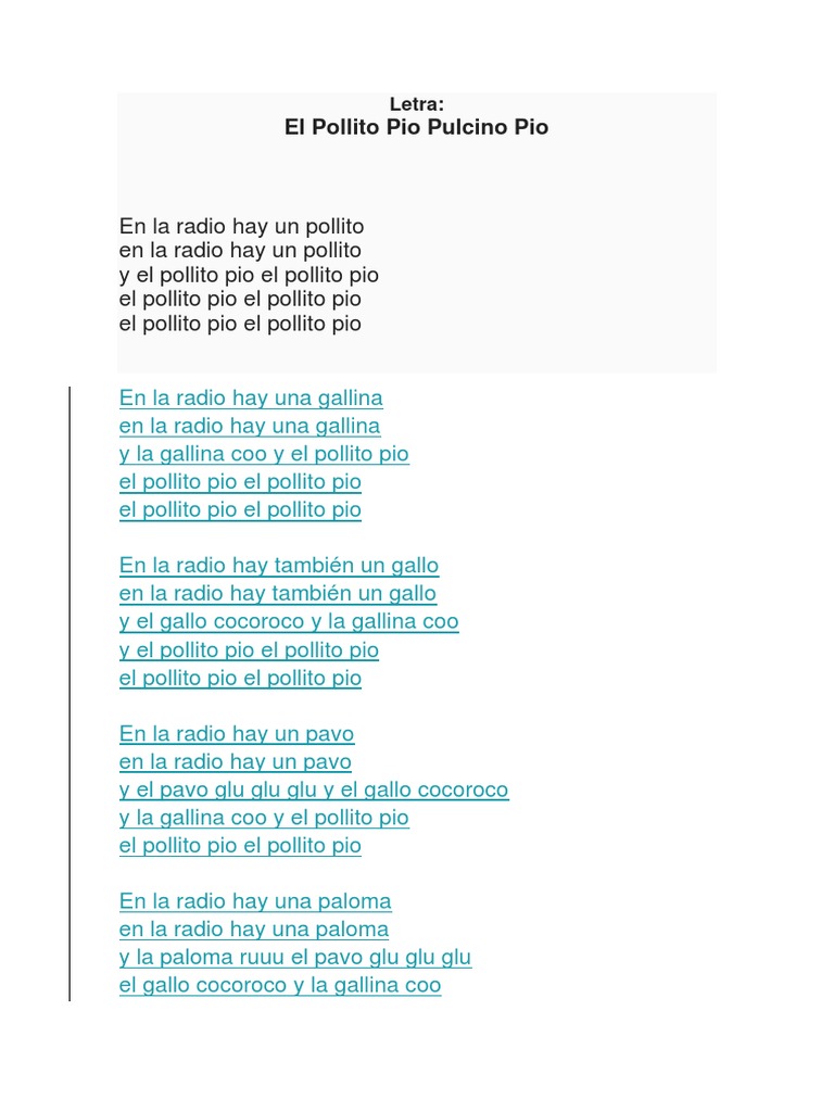 El Pollito Pio Letra En Espaol Youtube Los Pollitos Dicen Pío, Pío,