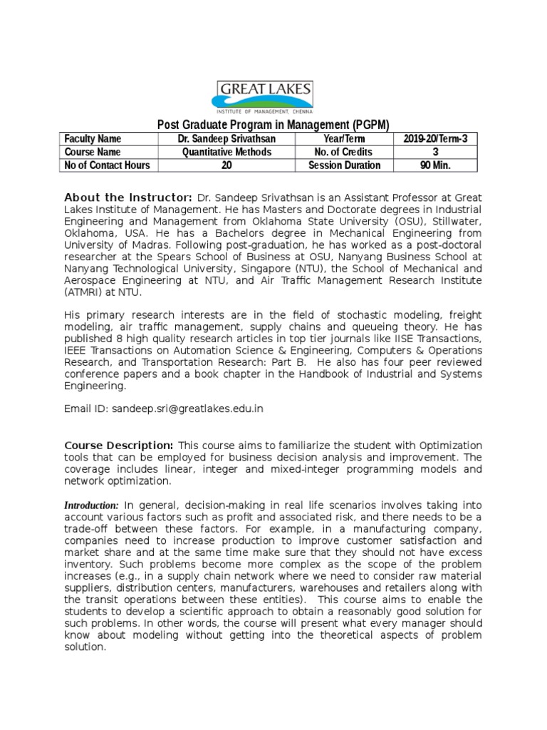 Optimization Modeling and Decision Analysis: An Introduction to Quantitative Methods in ...