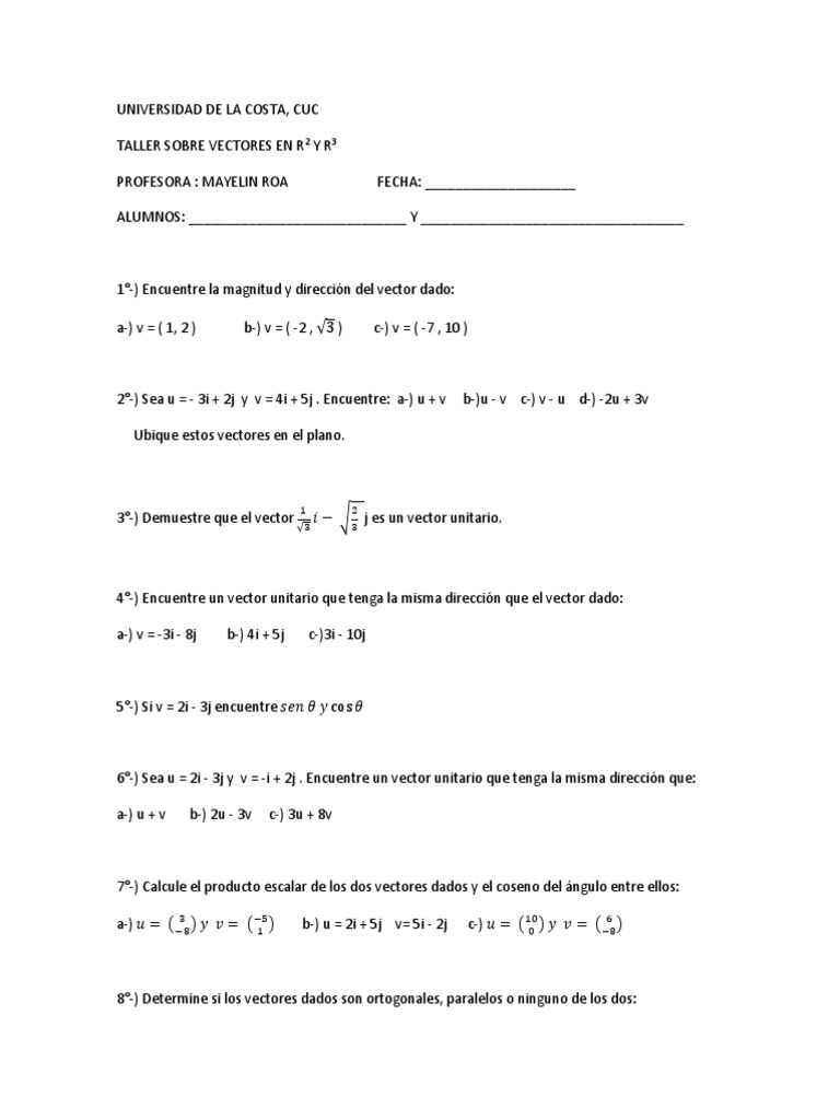 Taller Sobre Vectores en r2 y r3 | PDF | Cálculo multivariable | Vector ...