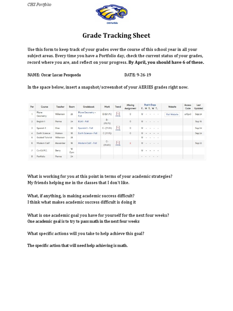 9 26 19 Grade Tracking Sheet | PDF