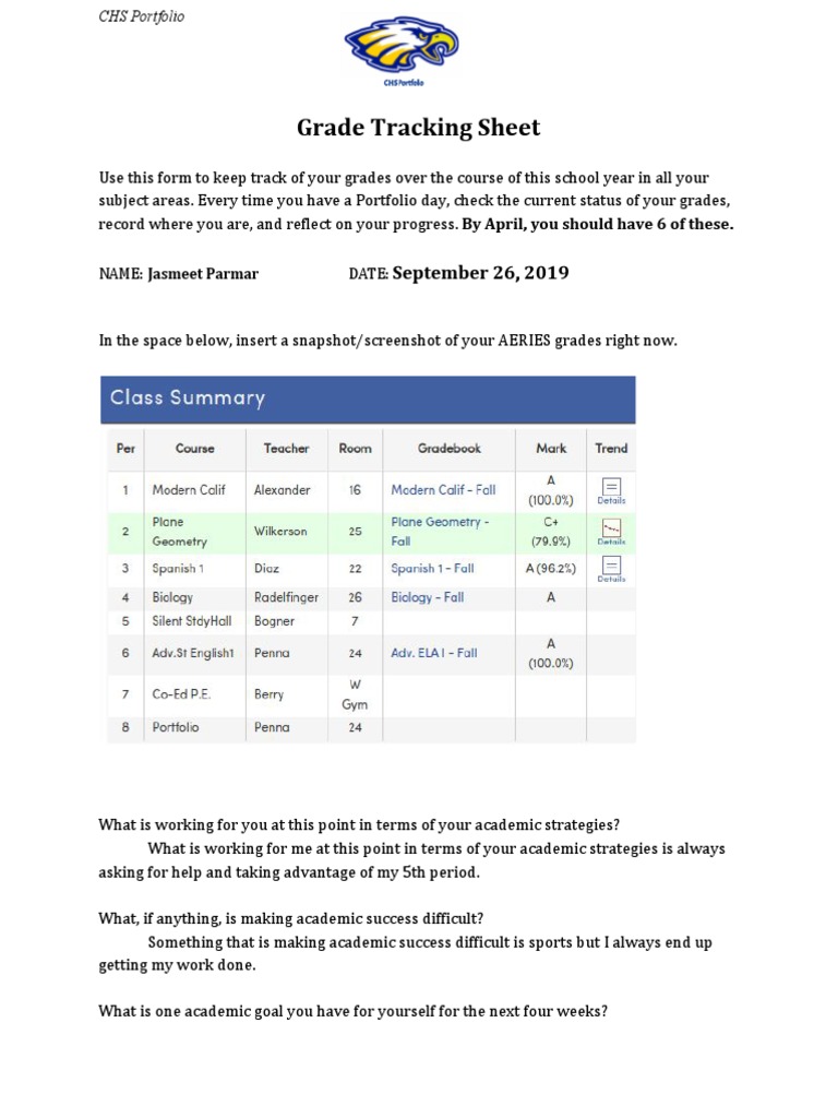 9 26 19 Grade Tracking Sheet | PDF