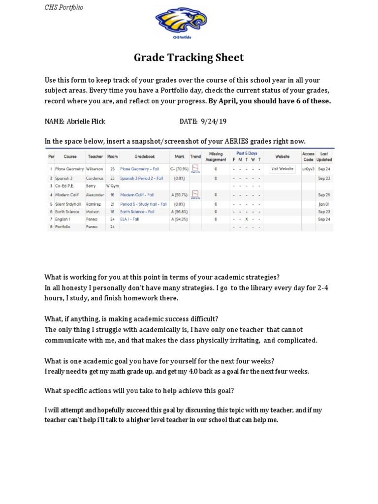 9 26 19 Grade Tracking Sheet | PDF