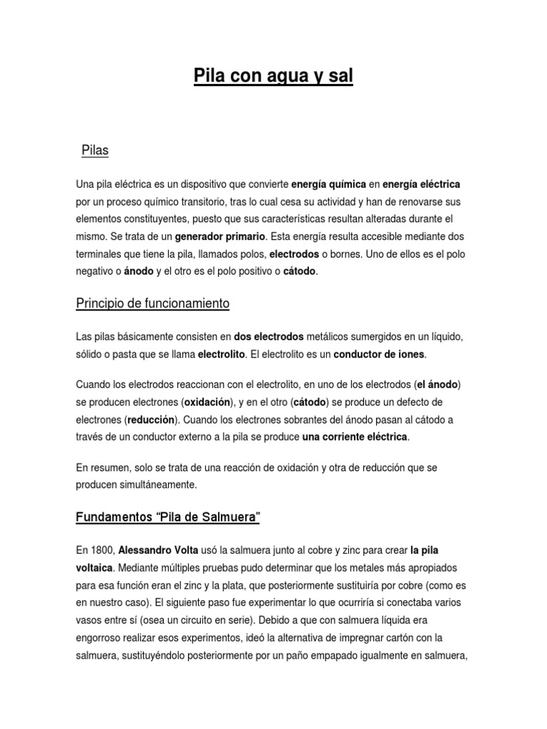 Pila Con Agua y Sal | PDF | Electrodo | Cátodo