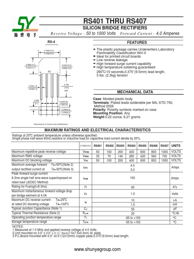 RS401 THRU RS407: Silicon Bridge Rectifiers | PDF | Rectifier | Electricity