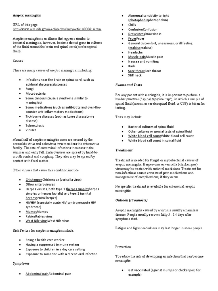 Aseptic Meningitis: Exams and Tests | PDF | Meningitis | Cerebrospinal ...