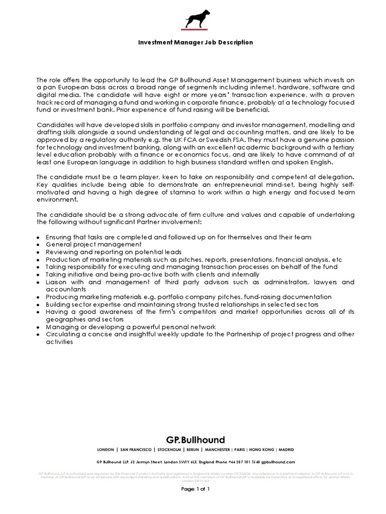 Job Description Investment Manager For Asset Management PDF | PDF ...