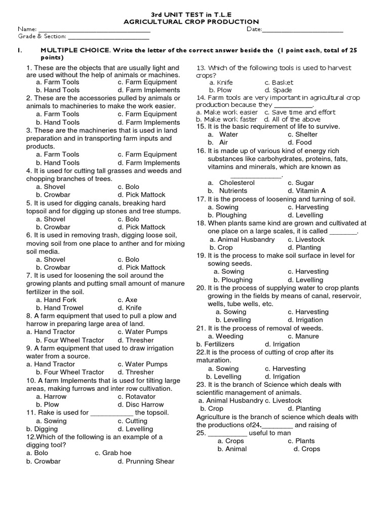3Rd Unit Test in T.L.E Agricultural Crop Production | PDF | Plough ...