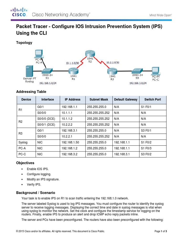 5.4.1.2 Packet Tracer - Configure IOS Intrusion Prevention System (IPS) Using CLI PDF | PDF | Ip ...