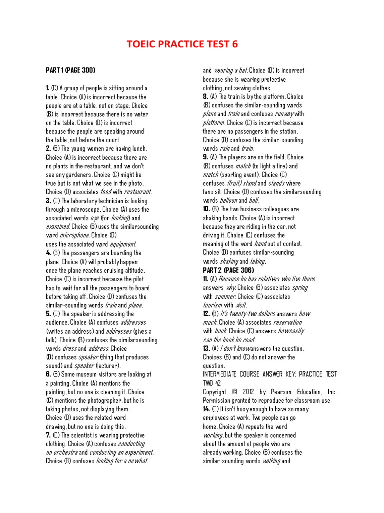 Answer Key Toeic Test 6 | PDF | Verb | Grammar