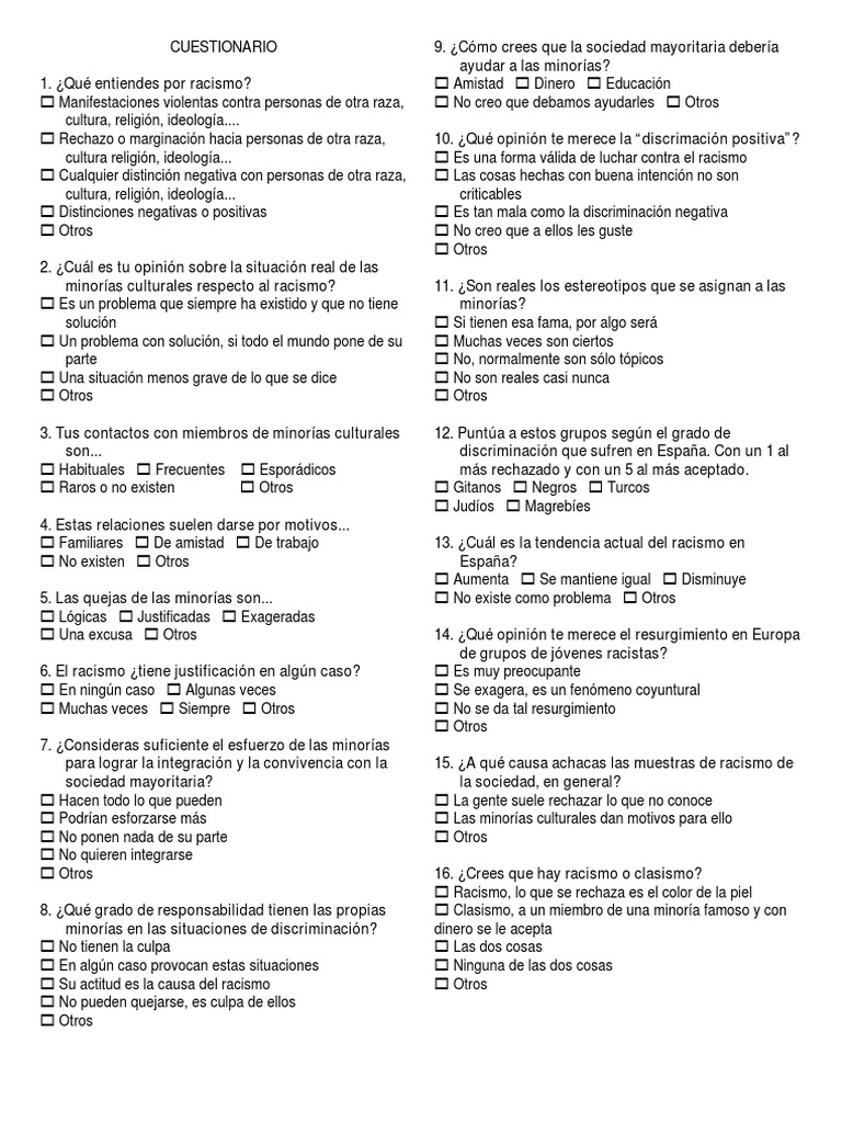 Cuestionario PDF | PDF | Racismo | Discriminación y relaciones raciales