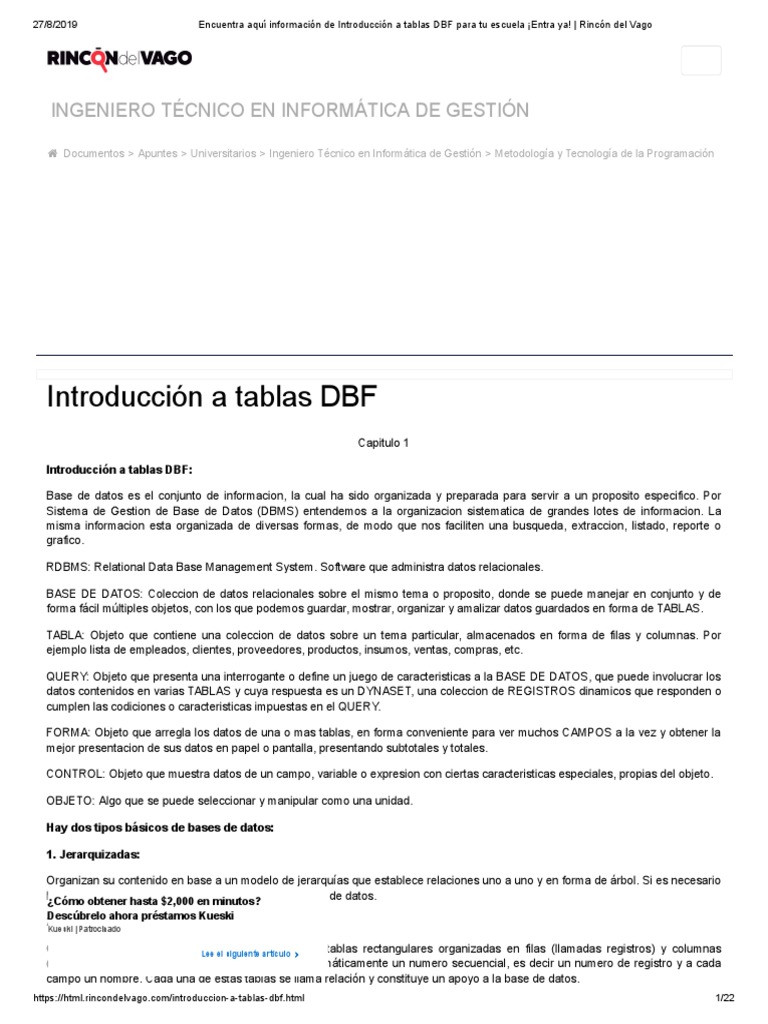 Introducción A Tablas DBF | PDF | Tabla (base de datos) | Bases de datos Introducción A Tablas DBF | PDF | Tabla (base de datos) | Bases de datos