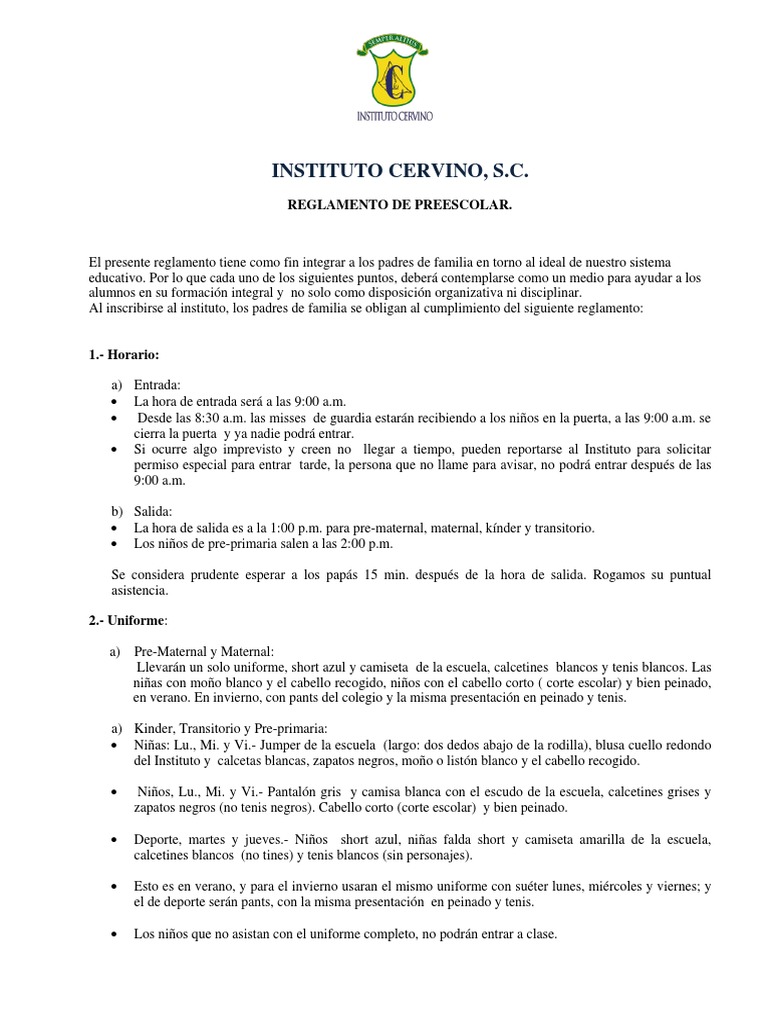 Reglamento Nivel Preescolar | PDF | Educación de la primera infancia