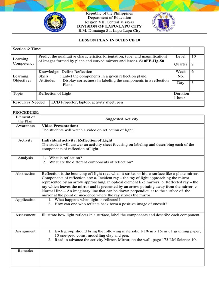 Science 10 - Q2 - W6 - D3 | PDF | Reflection (Physics) | Mirror