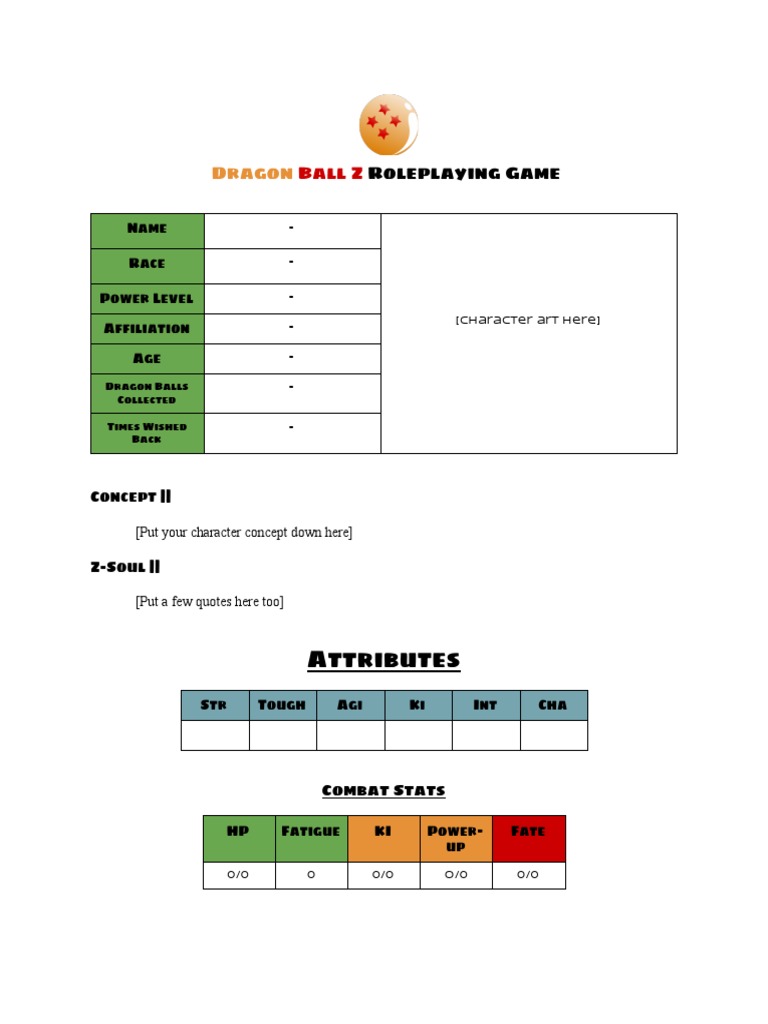 Dragon Ball Z RPG Character Sheet | PDF | Role Playing Games | Role Playing