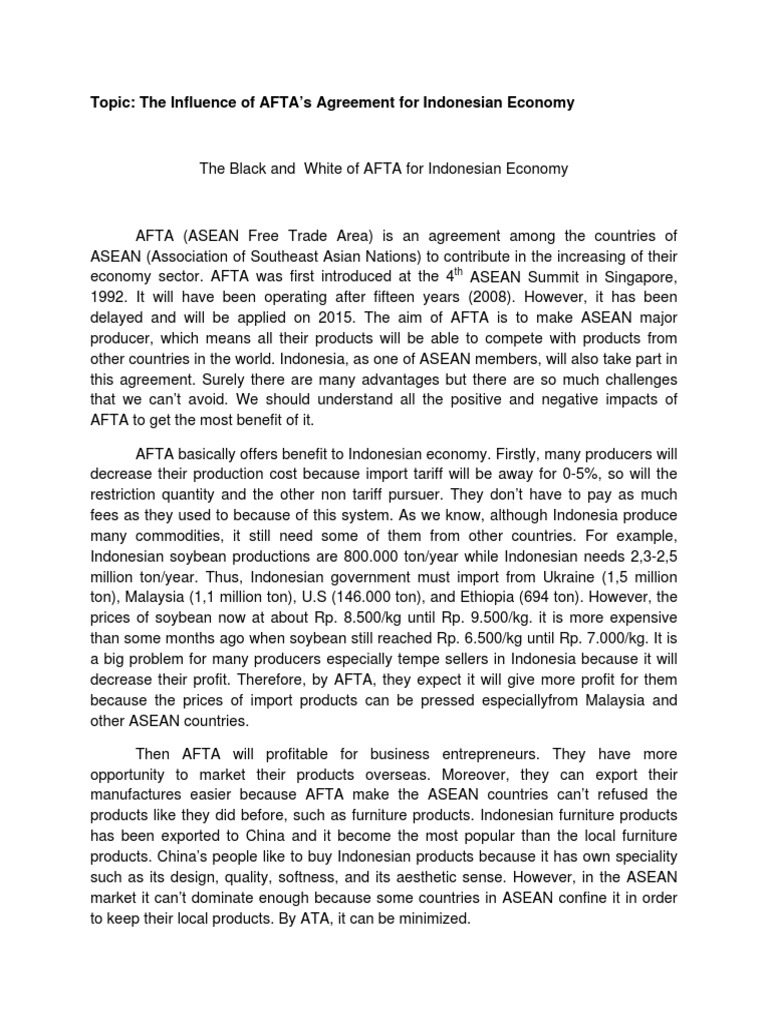 Topic: The Influence of AFTA's Agreement For Indonesian Economy | PDF ...