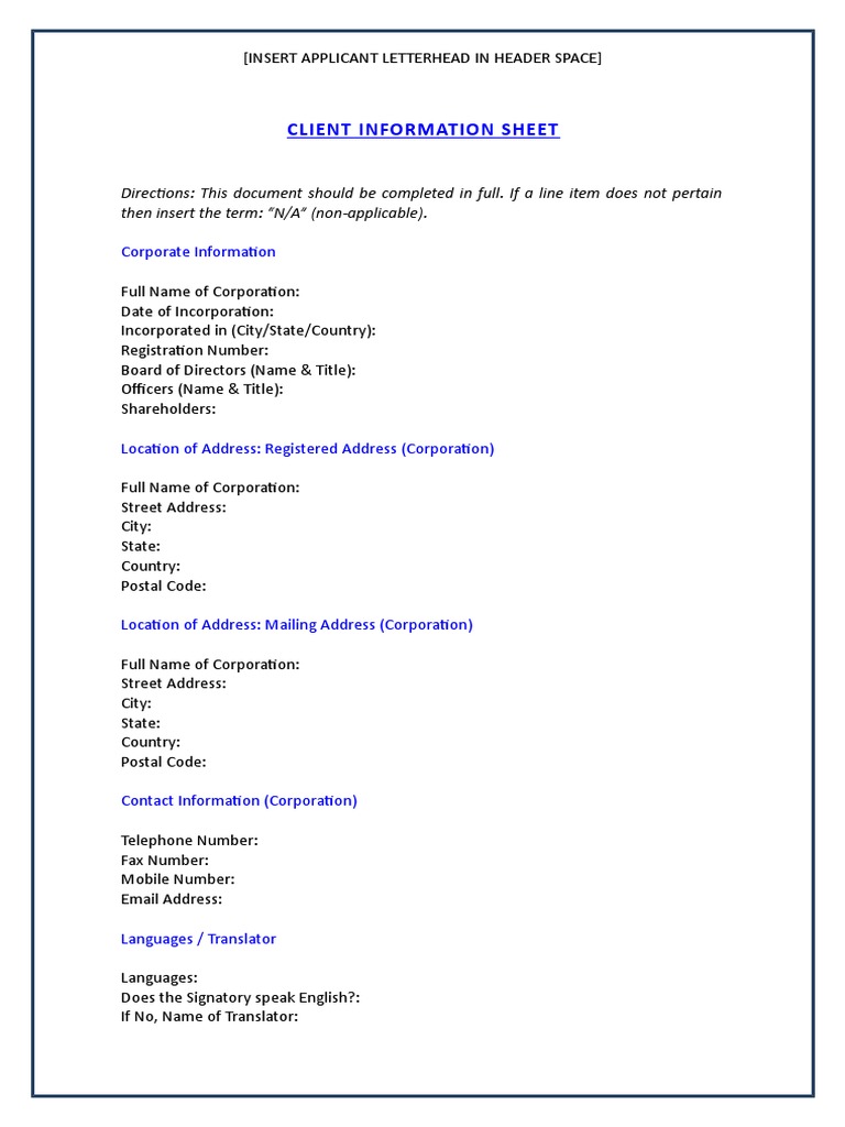 CIS Client Information Sheet | Download Free PDF | Mail | Corporations