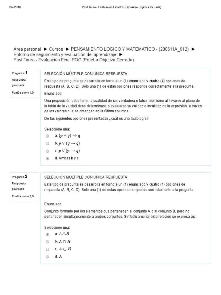 Post Tarea - Evaluación Final POC (Prueba Objetiva Cerrada) PDF | PDF | Proposición | Razón