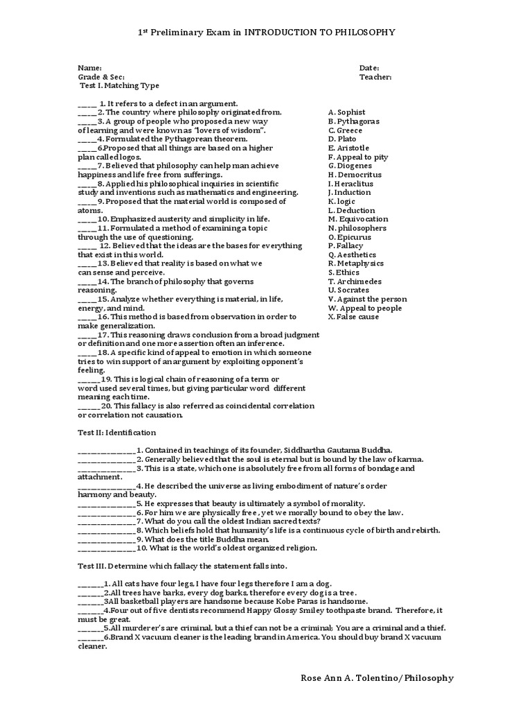 1 Preliminary Exam in Introduction To Philosophy | PDF | Fallacy | Reason
