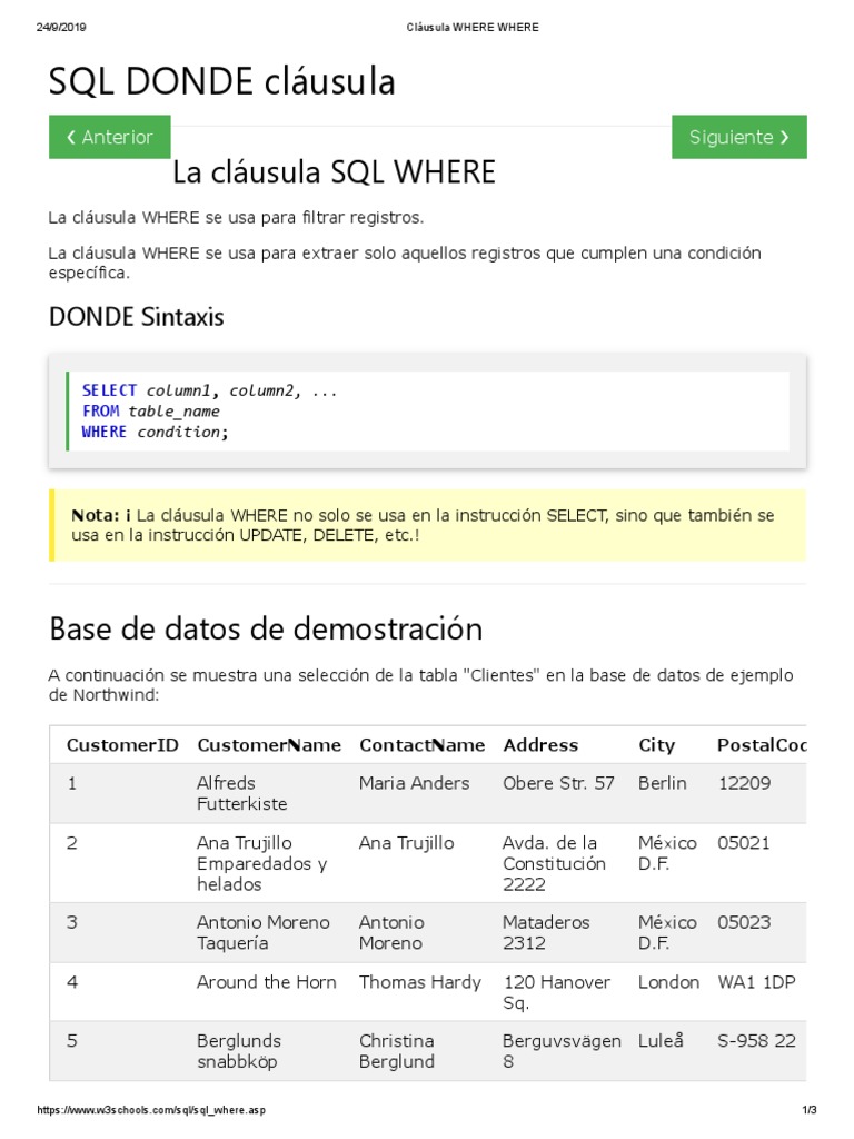 Uso de la cláusula WHERE en SQL | PDF | SQL | Modelo de datos