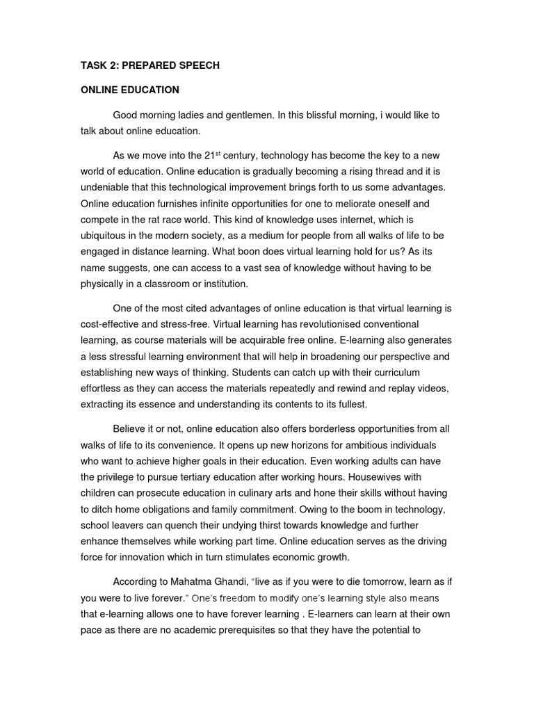 Task 2: Prepared Speech Online Education | PDF | Educational Technology ...
