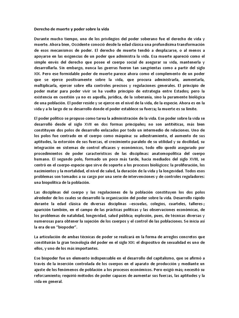 Derecho de Muerte y Poder Sobre La Vida | PDF | Vida | Población Derecho de Muerte y Poder Sobre La Vida | PDF | Vida | Población