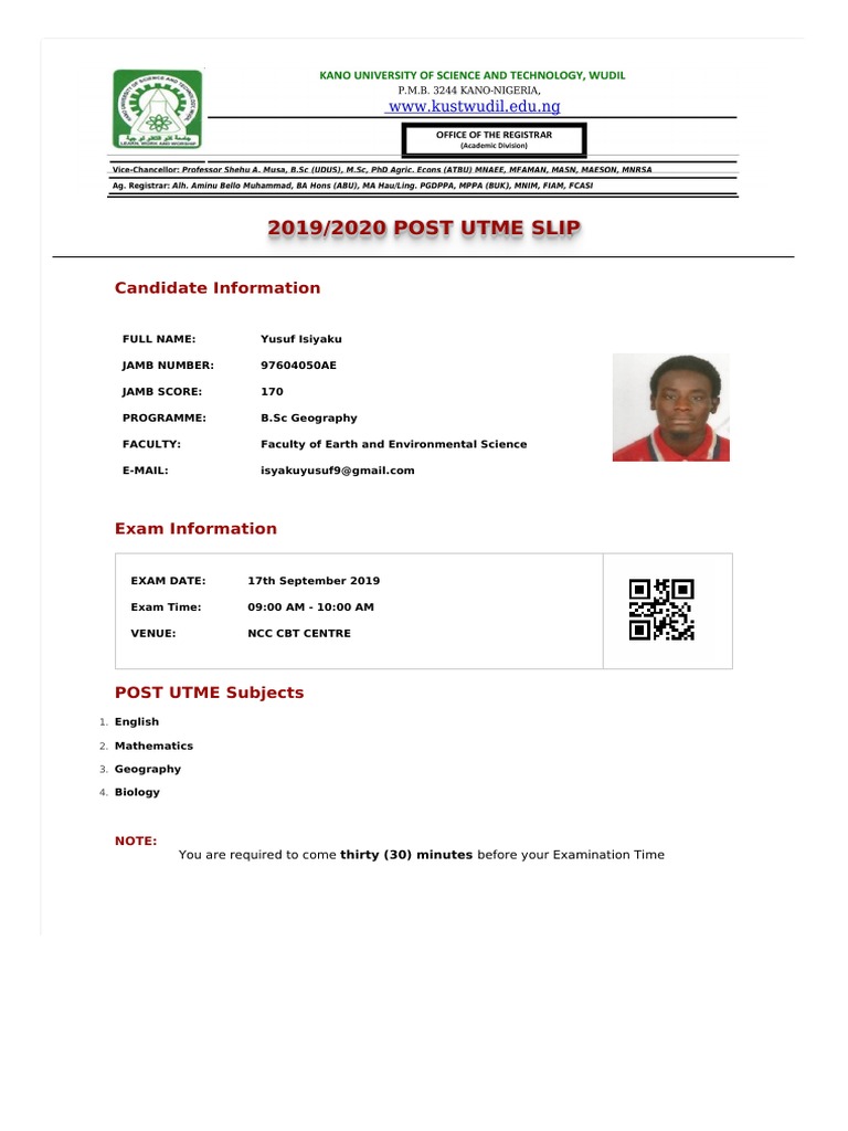 2019/2020 Post UTME Slip for Yusuf Isiyaku Indicating Exam Details for ...