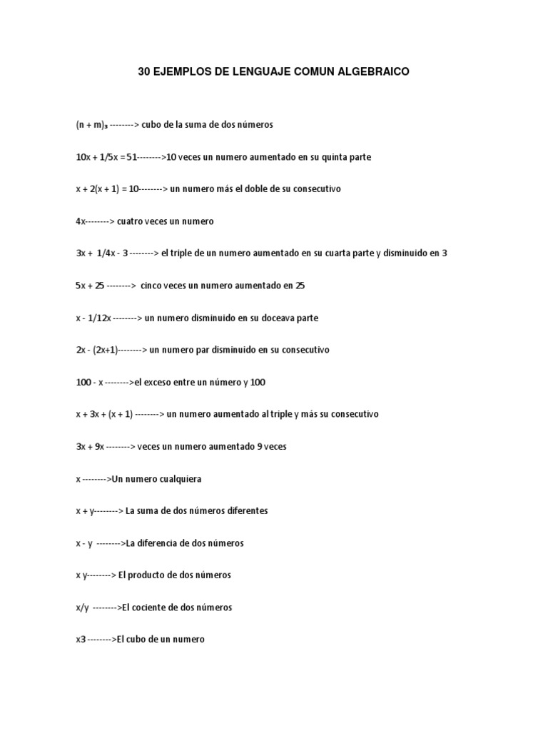 30 Ejemplos de Lenguaje Comun Algebraico | PDF